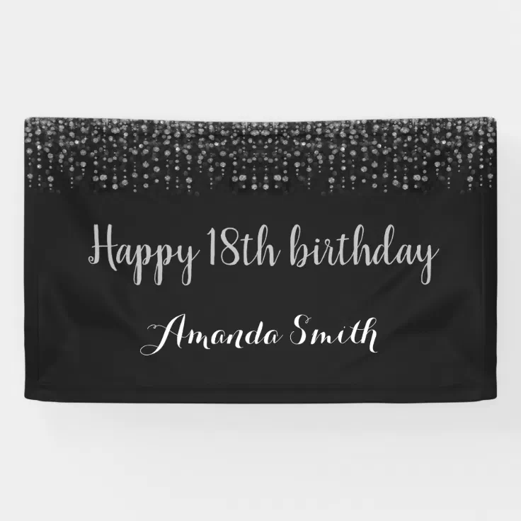 Happy 18th Birthday Banner. Black Silver Glitter Banner | Zazzle