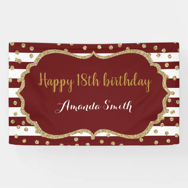 Happy 18th Birthday Banner Burgundy Gold Glitter | Zazzle