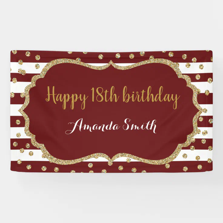 Happy 18th Birthday Banner Burgundy Gold Glitter | Zazzle