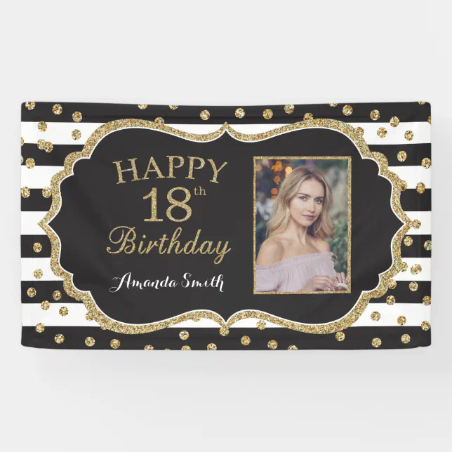 Happy 18th Birthday Banner. Gold Glitter Photo Banner | Zazzle