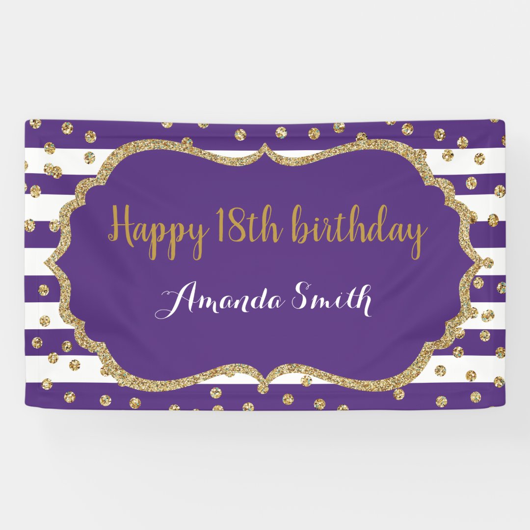 Happy 18th Birthday Banner Purple Gold Glitter | Zazzle