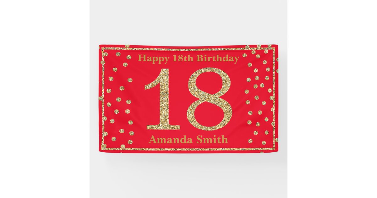Happy 18th Birthday Banner Red and Gold Glitter | Zazzle