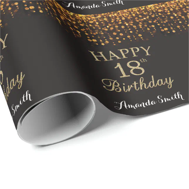 Happy 18th Birthday Black and Gold Glitter Wrapping Paper | Zazzle