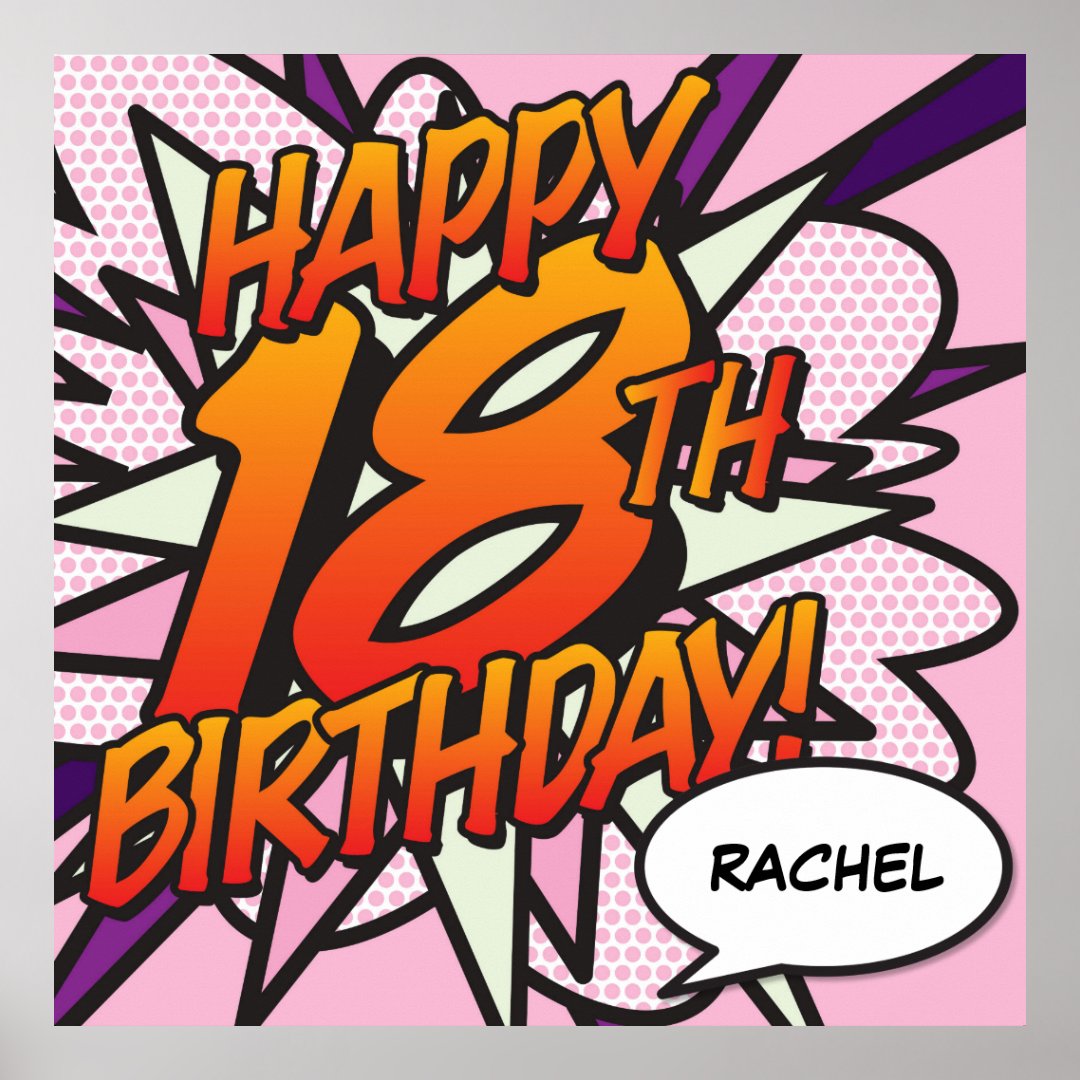 HAPPY 18TH BIRTHDAY Comic Book Pop Art Pink Poster | Zazzle