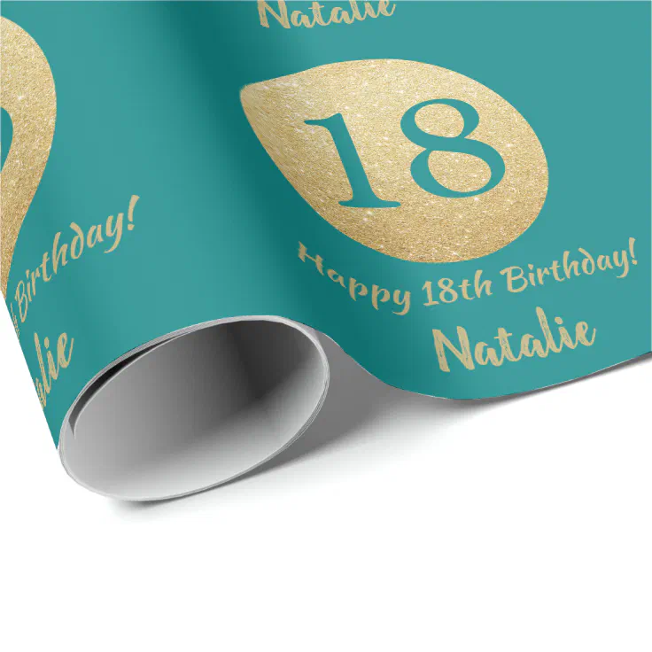 Happy 18th Birthday Teal and Gold Glitter Wrapping Paper | Zazzle