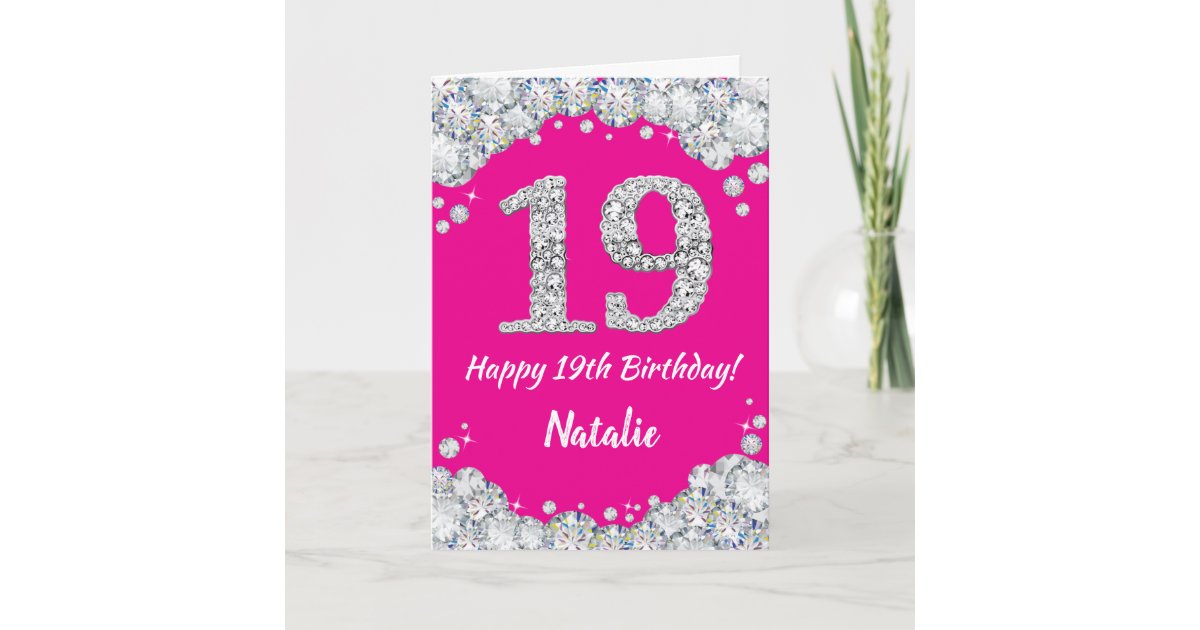 Happy 19th Birthday Hot Pink and Silver Glitter Card | Zazzle