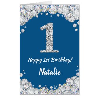 Happy 1st Birthday Blue and Silver Glitter Jumbo Card | Zazzle