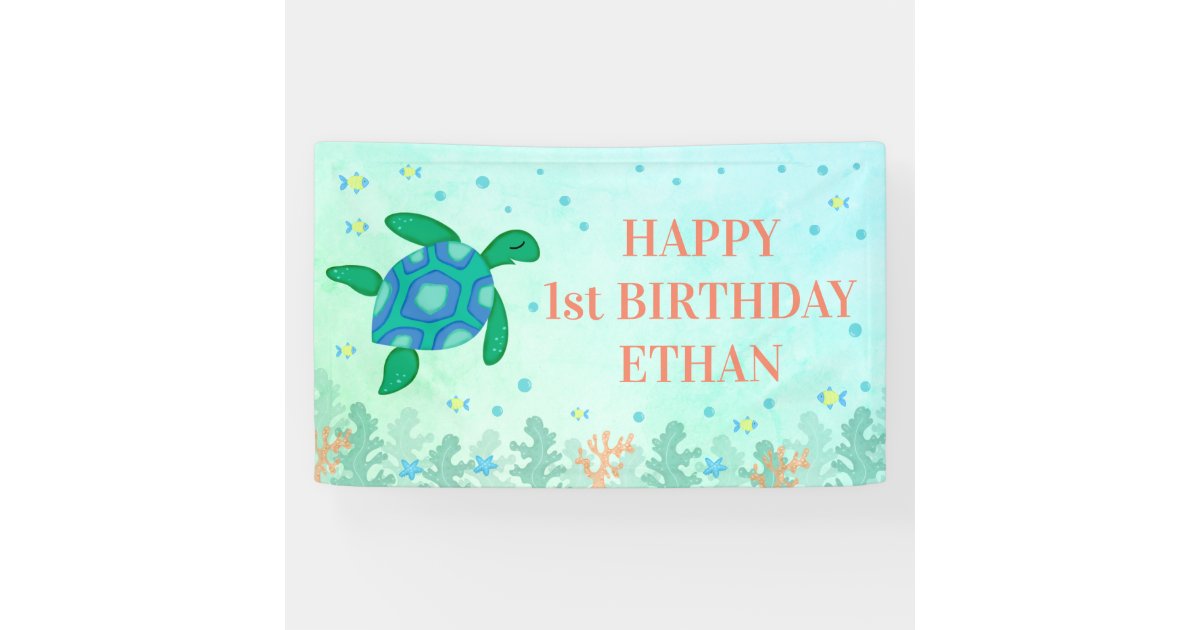 Happy 1st Birthday Turtle Under The Sea Banner | Zazzle