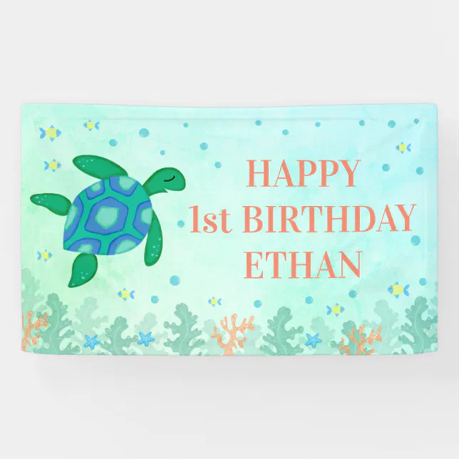 Happy 1st Birthday Turtle Under The Sea Banner | Zazzle