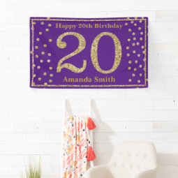Happy 20th Birthday Banner Purple and Gold Glitter | Zazzle