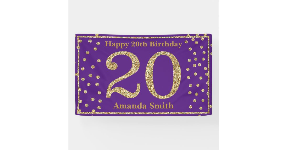 Happy 20th Birthday Banner Purple and Gold Glitter | Zazzle