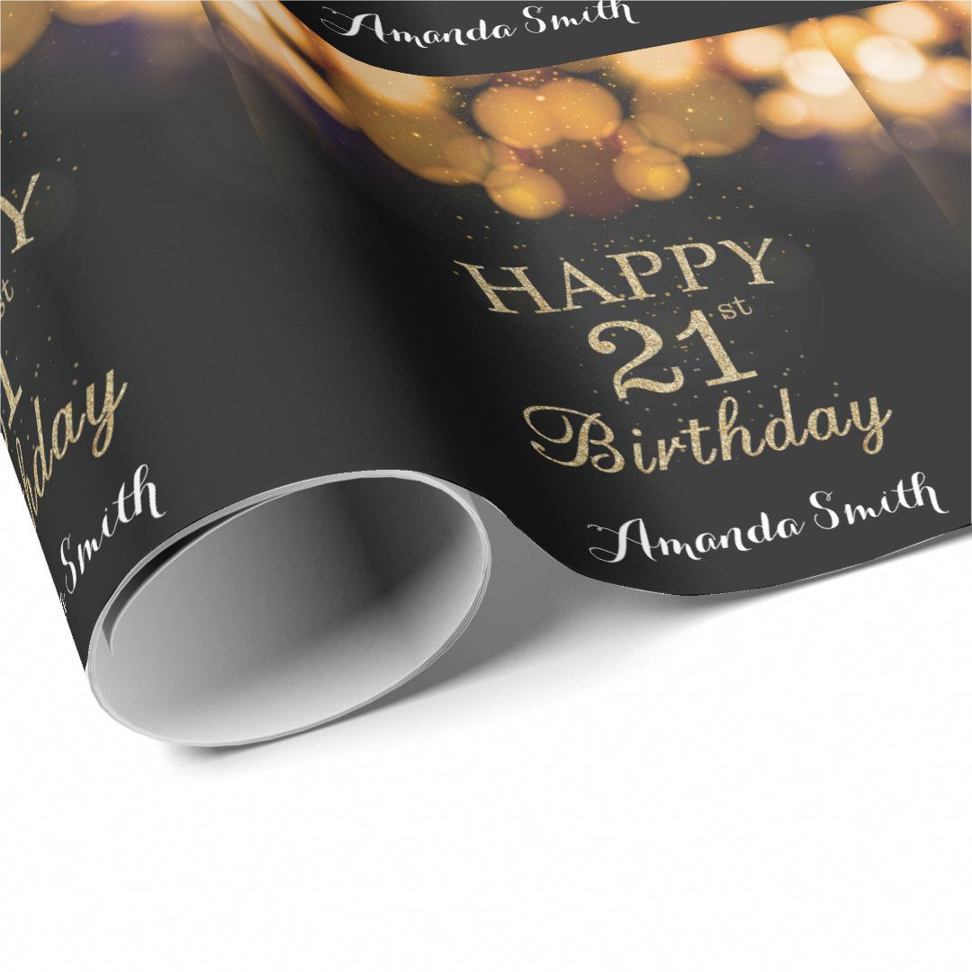 Happy 21st Birthday Black and Gold Glitter Wrapping Paper | Zazzle