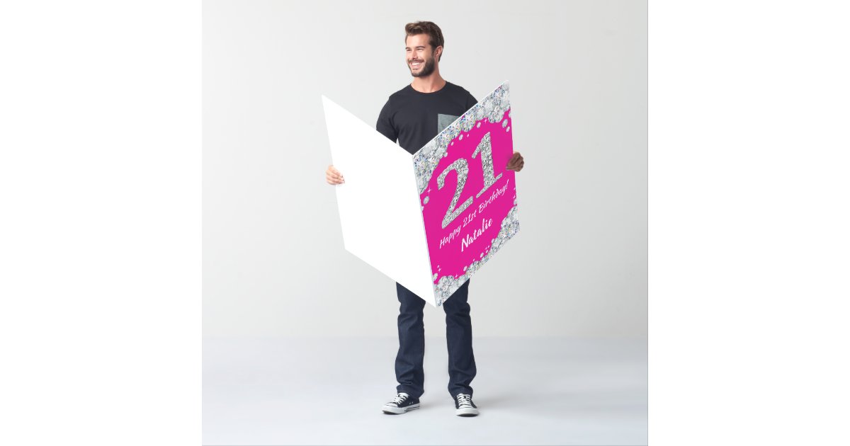 Happy 21st Birthday Hot Pink Silver Glitter Jumbo Card | Zazzle