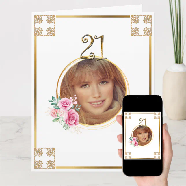 Happy 21st birthday photo gold cross rose flower card | Zazzle