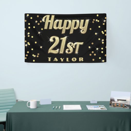 Happy 21st Gold Bling Typography Confetti Black Banner | Zazzle