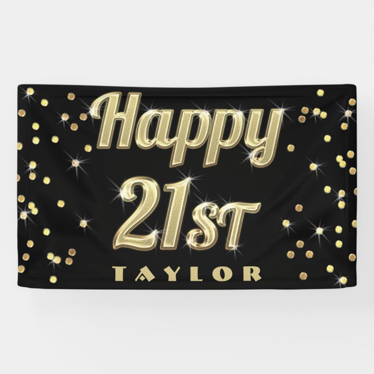Happy 21st Gold Bling Typography Confetti Black Banner | Zazzle