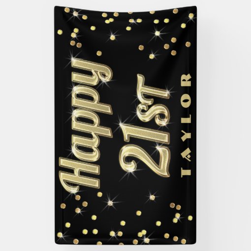Happy 21st Gold Bling Typography Confetti Black Banner | Zazzle
