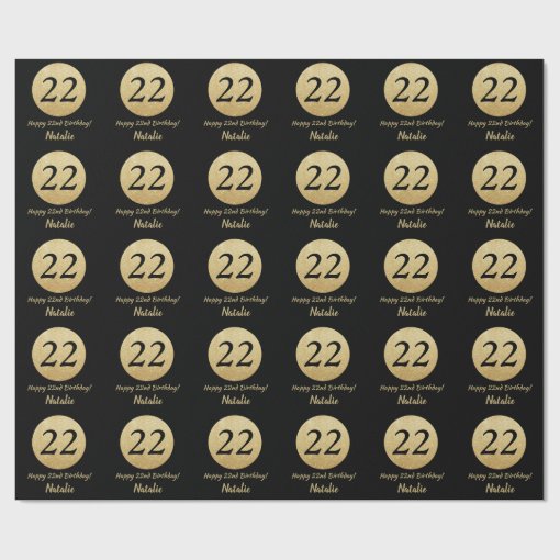 Happy 22nd Birthday Black and Gold Glitter Wrapping Paper | Zazzle