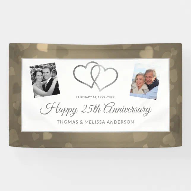 HAPPY 25TH ANNIVERSARY SILVER HEARTS & PHOTOS BANNER | Zazzle