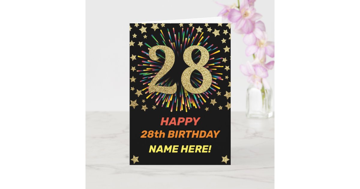 Happy 28th Birthday Black & Gold Rainbow Firework Card | Zazzle