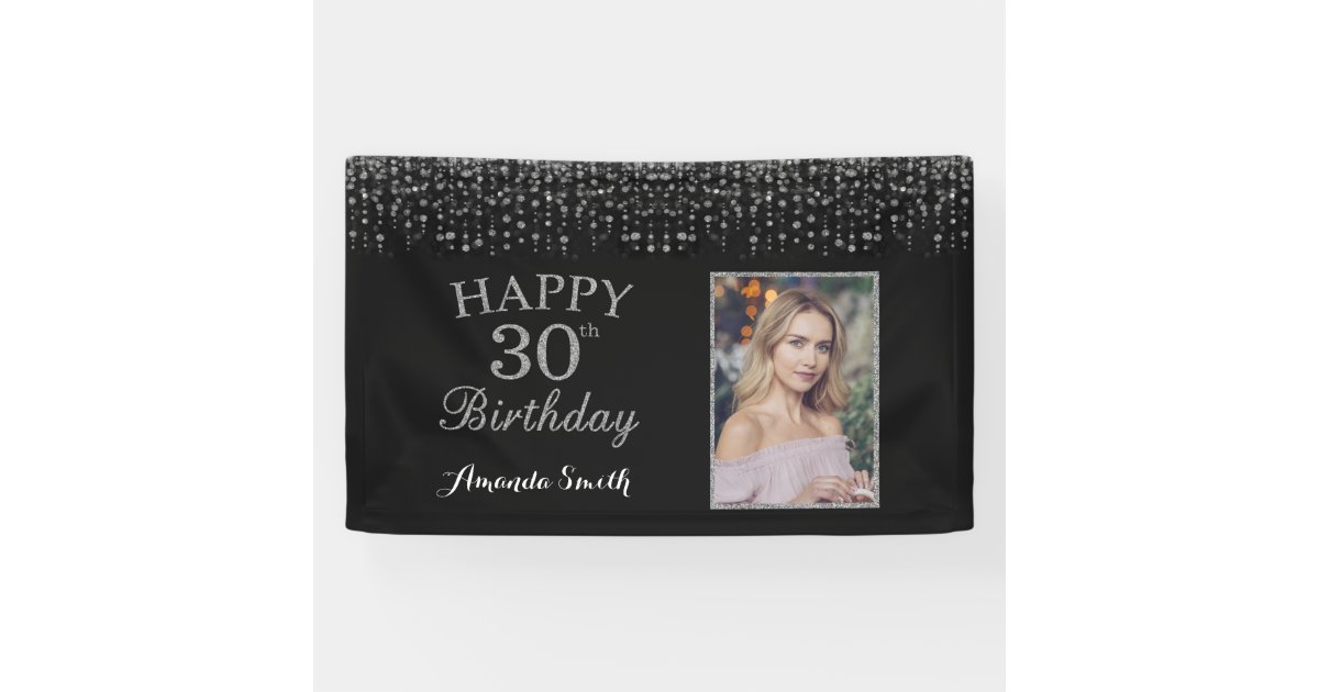 Happy 30th Birthday Banner. Silver Glitter Photo Banner | Zazzle