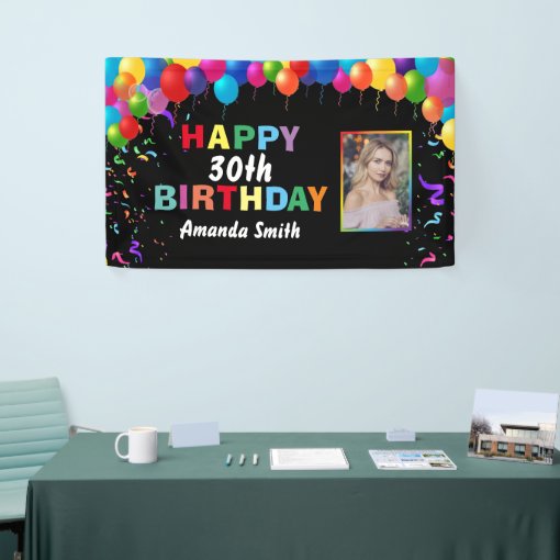 Happy 30th Birthday Colorful Balloons Confetti Banner | Zazzle