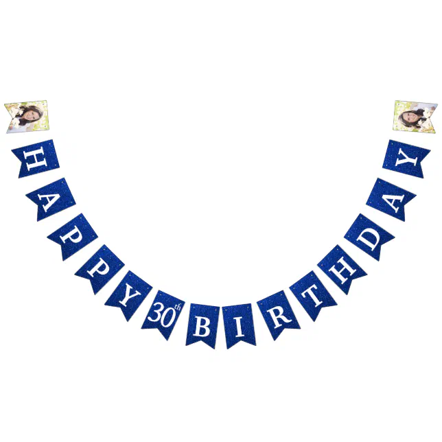 Happy 30th Birthday Photo Blue Glitter Bunting Flags | Zazzle