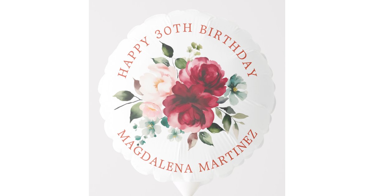Happy 30th Birthday Red Pink Floral Custom Balloon | Zazzle