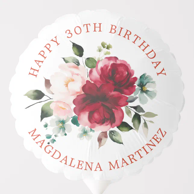 Happy 30th Birthday Red Pink Floral Custom Balloon | Zazzle