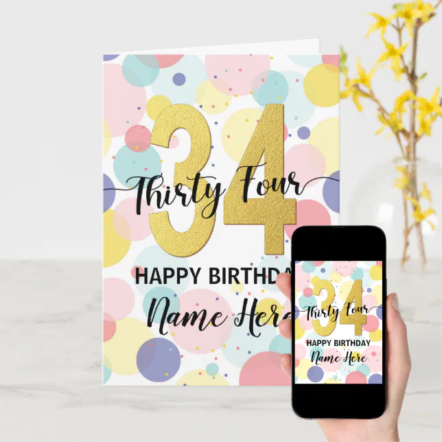 Happy 34th Birthday Pastel Rainbow and Gold Girl Card | Zazzle