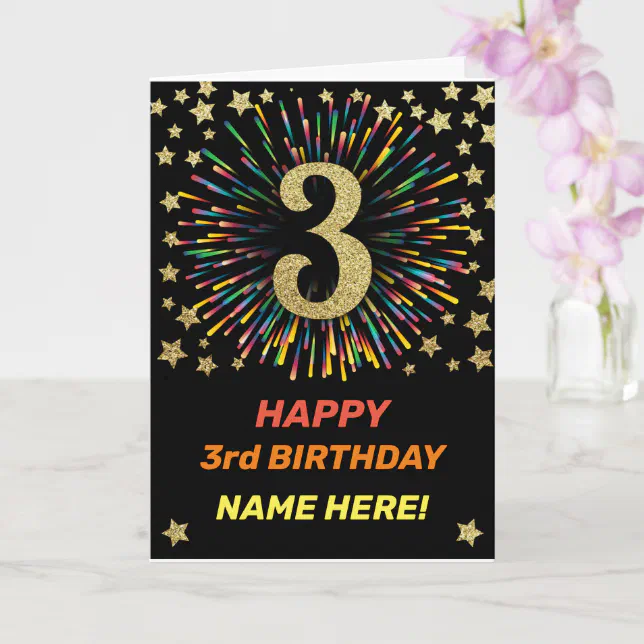 Happy 3rd Birthday Black & Gold Rainbow Firework Card | Zazzle