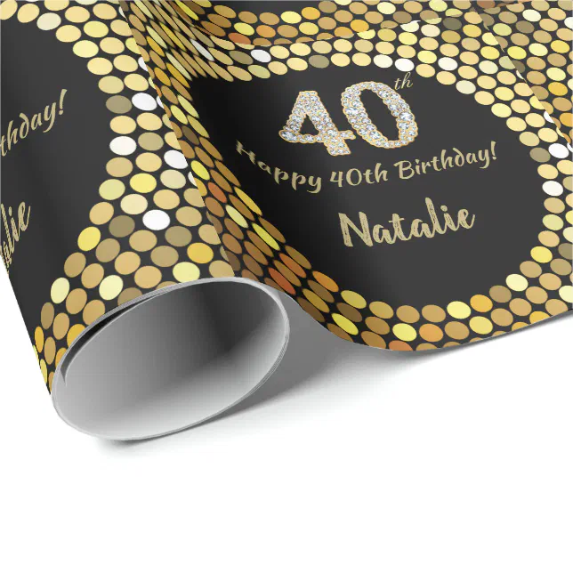 Happy 40th Birthday Black and Gold Glitter Wrapping Paper | Zazzle