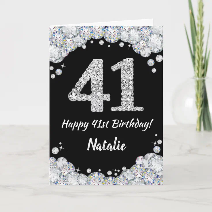 Happy 41st Birthday Black and Silver Glitter Card | Zazzle