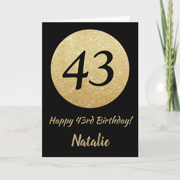 Happy 43rd Birthday Black and Gold Glitter Card | Zazzle