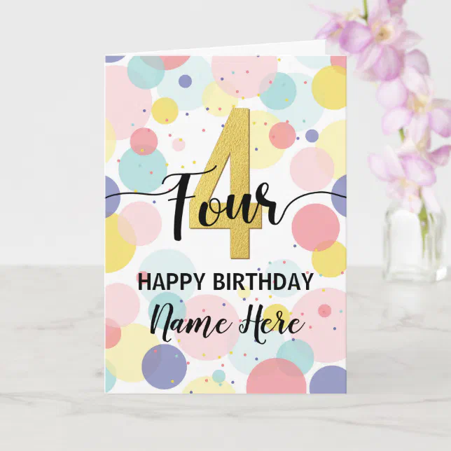 Happy 4th Birthday Pastel Rainbow Gold Woman Card | Zazzle