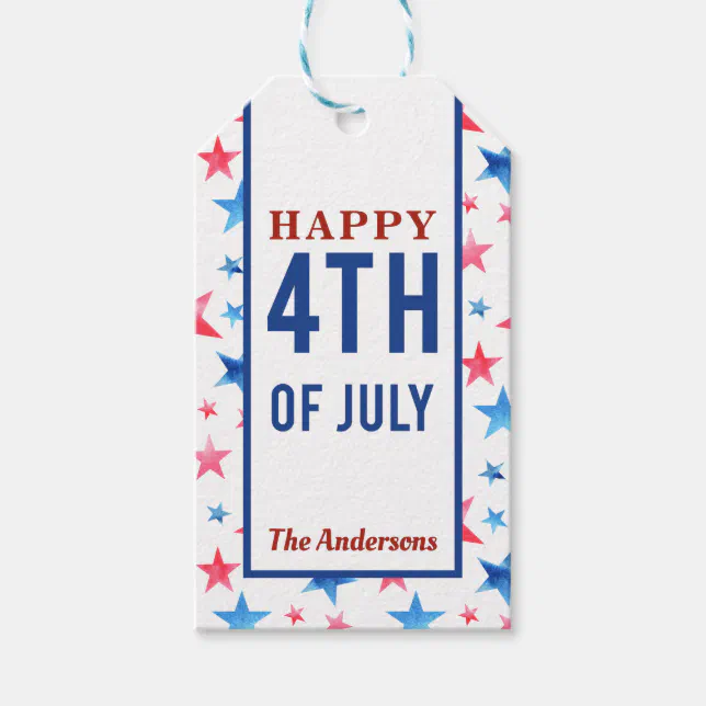 Happy 4th of July Watercolor Red Blue Stars Gift Tags | Zazzle