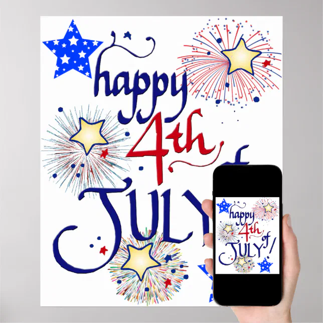 Happy 4th of July! with fireworks and stars Poster | Zazzle