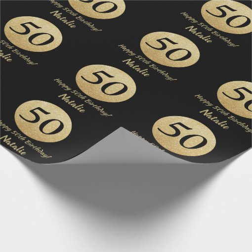 Happy 50th Birthday Black and Gold Glitter Wrapping Paper | Zazzle
