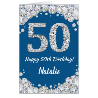Happy 50th Birthday Blue and Silver Glitter Jumbo Card | Zazzle