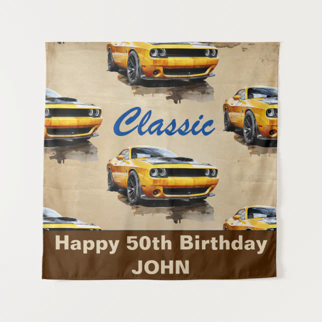 happy 50th birthday Classic Muscle Car backdrop | Zazzle