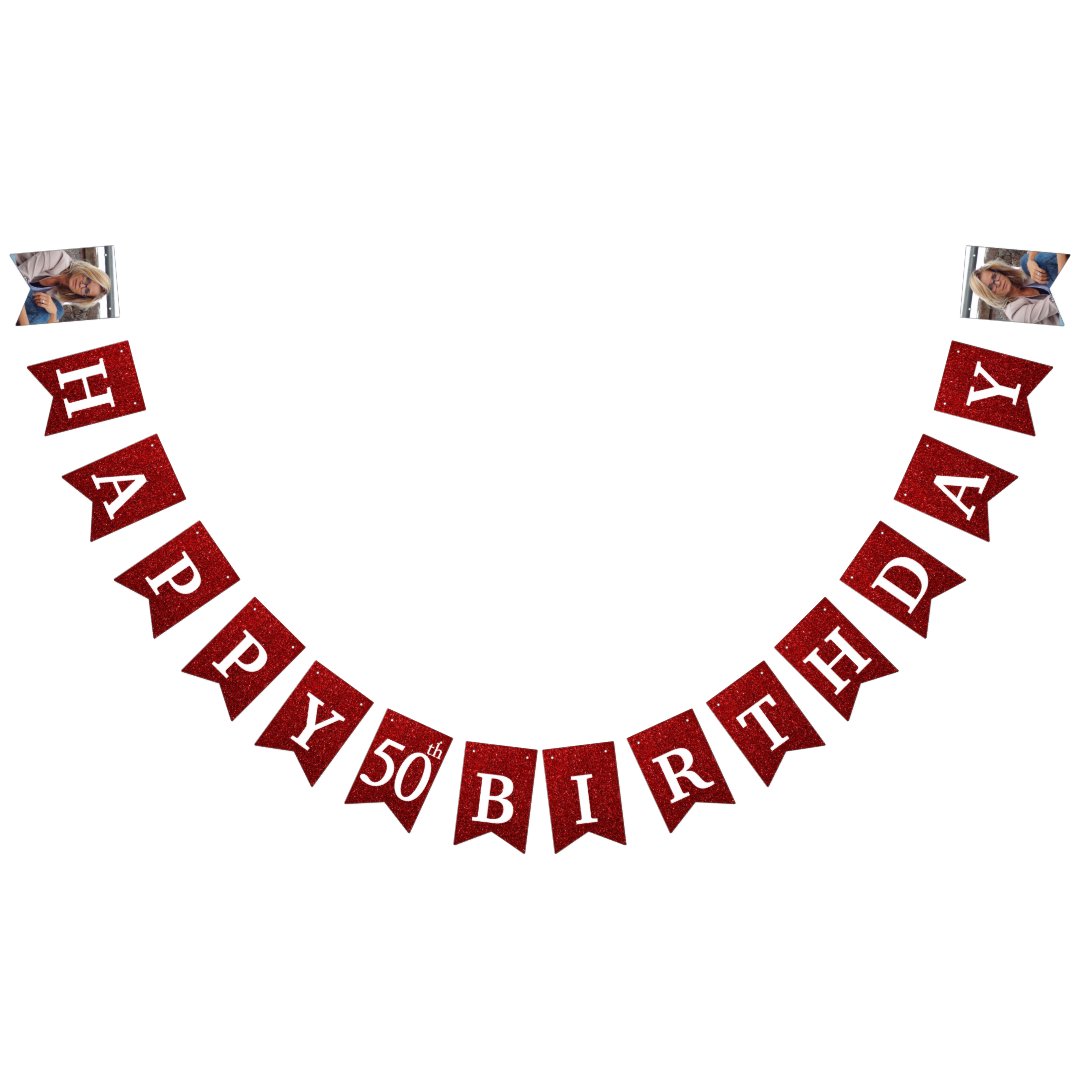 Happy 50th Birthday Photo Red Glitter Bunting Flags | Zazzle
