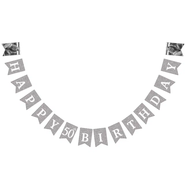 Happy 50th Birthday Photo Silver Glitter Bunting Flags | Zazzle