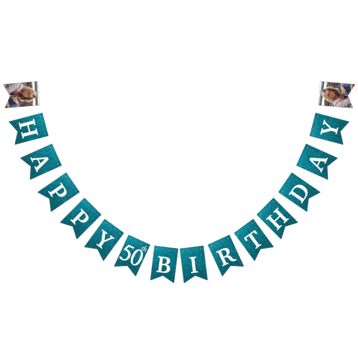Happy 50th Birthday Photo Teal Glitter Bunting Flags | Zazzle