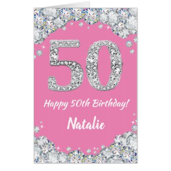 Happy 50th Birthday Pink and Silver Glitter Jumbo Card | Zazzle