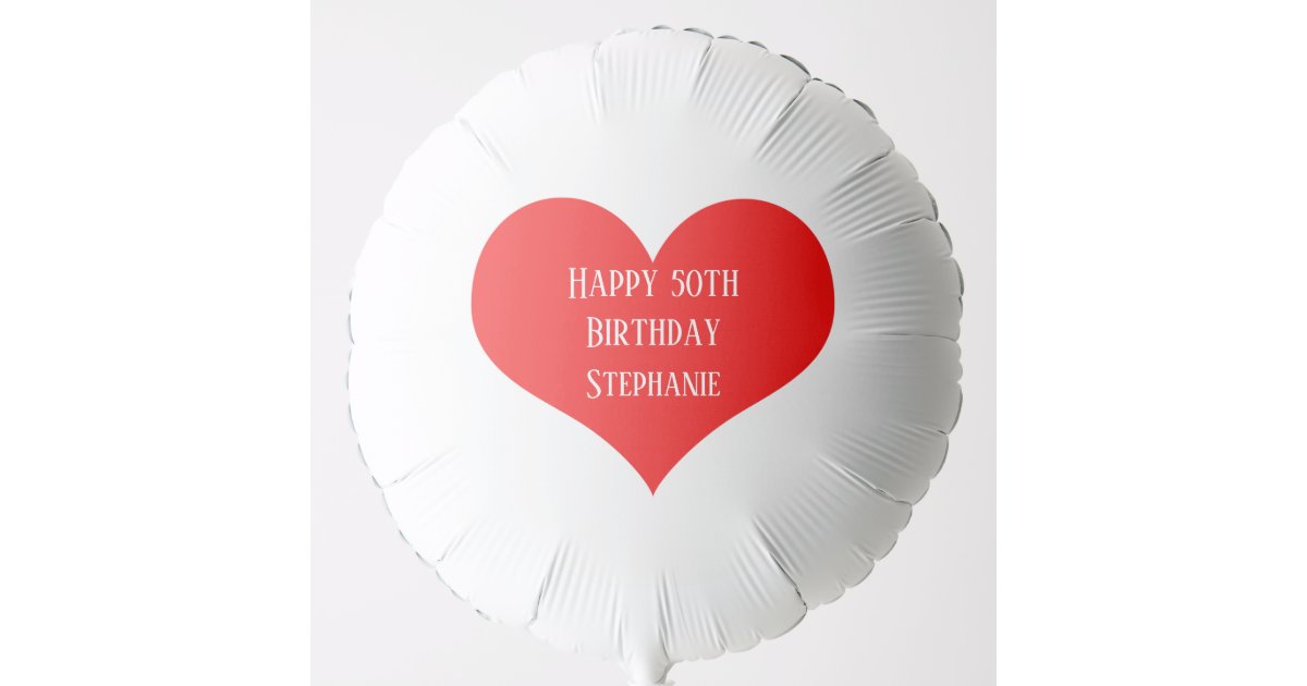 Happy 50th Birthday Red Heart White Cute Elegant Balloon | Zazzle