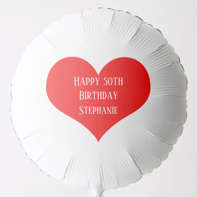 Happy 50th Birthday Red Heart White Cute Elegant Balloon | Zazzle