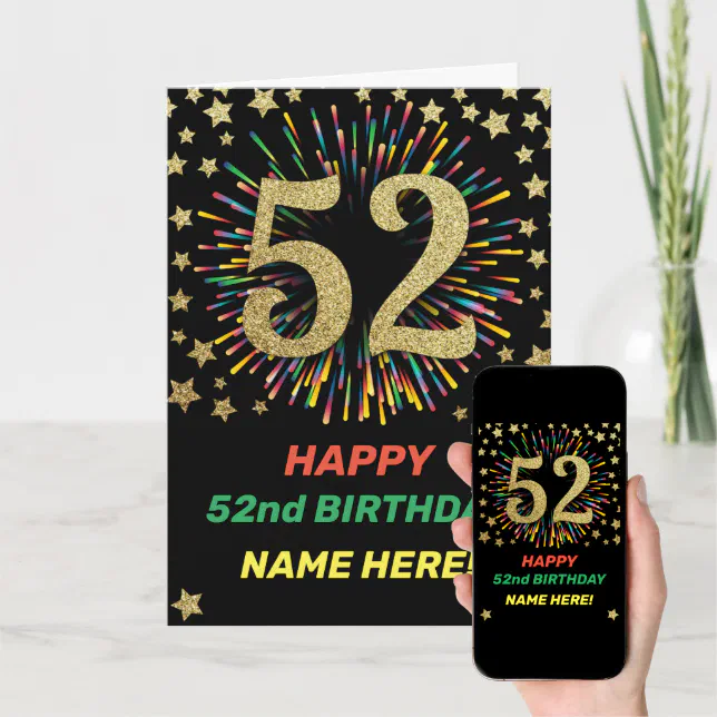 Happy 52nd Birthday Rainbow Firework Gold Card | Zazzle