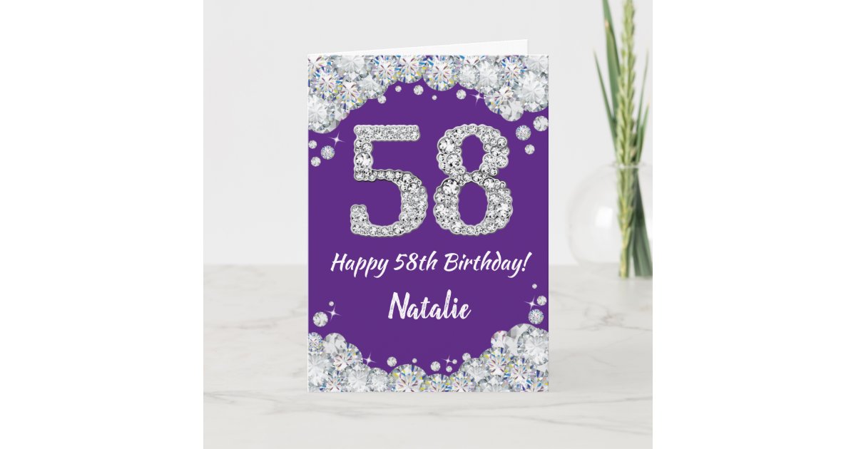 Happy 58th Birthday Purple and Silver Glitter Card | Zazzle