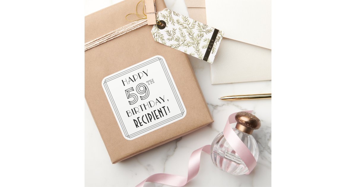 HAPPY 59TH BIRTHDAY, Art Deco Style, Custom Name Square Sticker | Zazzle