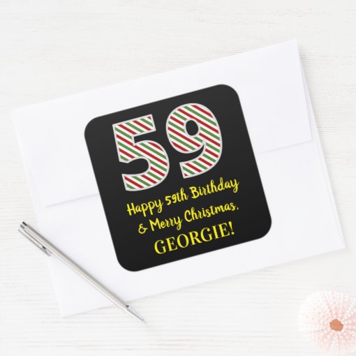 Happy 59th Birthday & Merry Christmas, Custom Name Square Sticker | Zazzle